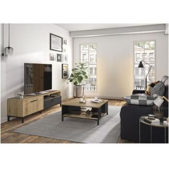 Gami Ensemble meuble TV et table basse ch&ecirc;ne noir - Dimensions 166 x 81 x 26 cm - Style industriel-loft - Panneaux de particules - Gami