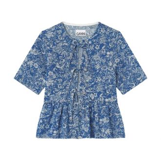 Ganni Top p&eacute;plum &agrave; manches courtes en jacquard imprim&eacute; - Femme - Blouses et Chemises - Bleu - Taille: 36 FR