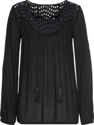 Lascana Damen Crepebluse mit Lochstickerei, v-Ausschnitt mit Bindeband und Quasten, Gummibund an den Ärmeln, angenehm locker sitzend