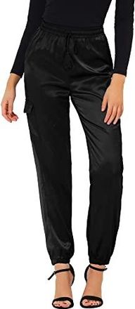 Allegra K Pantalon cargo décontracté avec cordon de serrage élastique taille haute en satin soyeux pour femme, Noir, 48