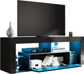 Sonni Sonni - tv Schrank Schwarz tv Lowboard mit led Beleuchtung 140x35x50.5cm, mit Klappt&uuml;r Glasregal Hochglanz TV-M&ouml;bel