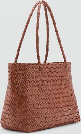 Mango Sac cabas en cuir tress&eacute; marron moyen - Femme - Taille unique - MANGO