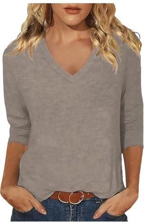 Generic Haut à manches 3/4 pour femme chic col en V confortable décontracté ajusté au quotidien léger respirant polyvalent moderne style classique pour femme,
