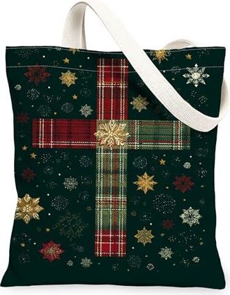 Generic Sacs fourre-tout en toile &agrave; carreaux de No&euml;l, motif flocon de neige festif, sacs d&eacute;picerie r&eacute;utilisables, sacs d&eacute;picerie vintage, l&eacute;gers et lavables, 