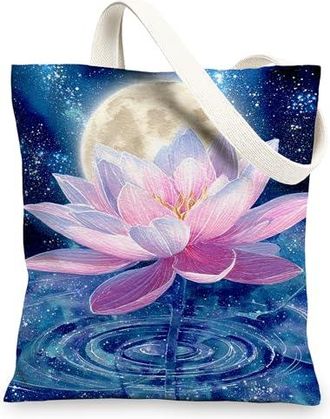 Generic Sac fourre-tout en toile motif nénuphar, sacs de courses réutilisables, élégants et légers, lavables, pêche, 13x15 Inch