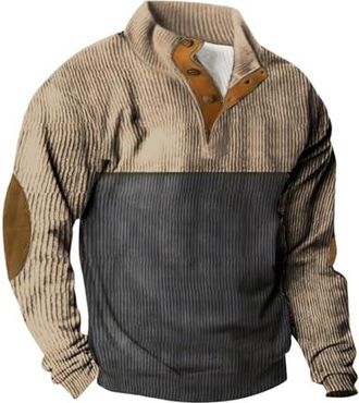 Generic Pull Henley en velours côtelé pour homme avec col en V boutonné 1/4 - Pull thermique à manches longues en velours côtelé chaud, kaki, XXL