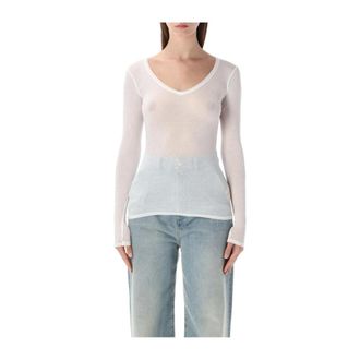 American Vintage Massachusetts Langarm V-Ausschnitt Oberteil - - Tops - Damen - Wei&szlig; - L