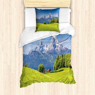 Abakuhaus Berg Bettbezug Set für Einzelbetten, Alpen mit Wiese Flora, Milbensicher Allergiker geeignet mit Kissenbezug,Grün blau