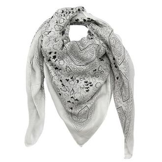 Freak Scene Echarpe en coton motif indien 1 blanc noir fleurs noires tissu carr&eacute;