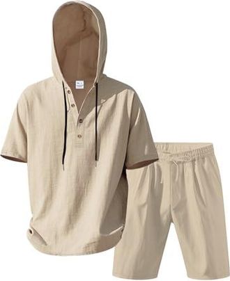 Generic Ensemble d&eacute;t&eacute; 2 pi&egrave;ces en lin pour homme, manches courtes et shorts, confortable de couleur unie, chemise &agrave; capuche, polyvalente, ample, chemise l&eacute;g&egrave;r