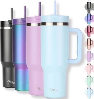 Milu Gobelet thermique 1200ml avec paille & anse, 24h glac&eacute; / 12h chaud Tumbler 40oz en acier inoxydable avec poign&eacute;e, isolant bouteille to go (Morning Blu