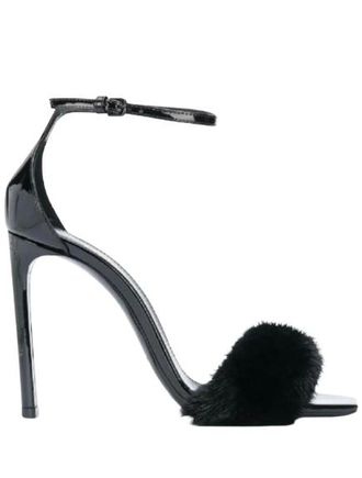 Saint Laurent Black Patent Leather Bea Heeled Sandals with Fur Detail Size 39.5