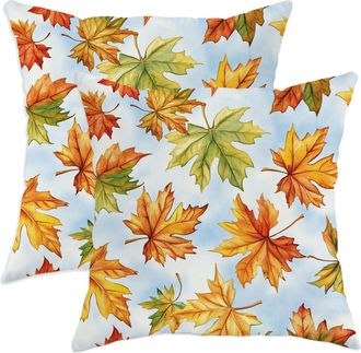 Generic Herbstblatt-Kissenbezüge, 2er-Set, orangefarbene und grüne Ahornblatt-Kissenbezüge, saisonal, festlich, dekorativ, quadratisch, für Zuhause, Sofa, Cou