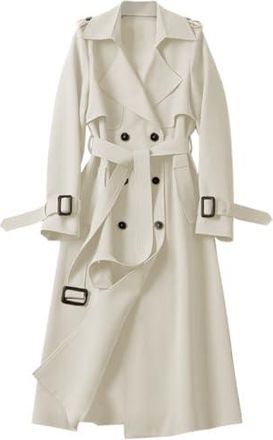 Minetom Femme Trench-Coat à Double Boutonnage Elégant Manches Longues Automne Hiver Revers Veste Longue Manteau avec Ceinture A Beige XL