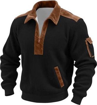 Generic Pull en velours c&ocirc;tel&eacute; pour homme - Avec fermeture &eacute;clair - L&eacute;ger - Manches longues - Henley - Avec boutonni&egrave;re - Sans capuche - D&eacute;contract&eacute; - M-3XL, 