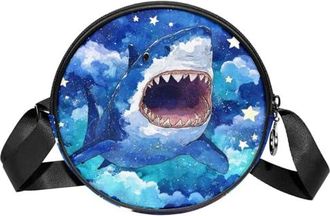 Generic Petit sac à bandoulière rond pour femme, motif requins étoilés, bleu, avec fermeture éclair, bretelles réglables, sac à main rond décontracté pour fem