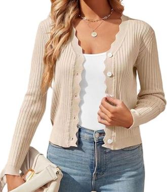 OLIPHEE Gilet Femme Cardigan Court avec Boutons et Bords Ondulés Cardigan Femme Chic et Elegant Pull Tricoté Couleur Unie Y2K Gilet Léger Dentelle Automne Hiv