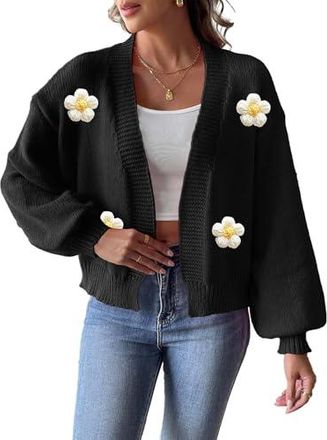 Generic Cardigan Femme Tricoté Fleurs au Crochet 3D, Gilet Col V Manches Longues Bouffantes sans Boutons, Pull Léger