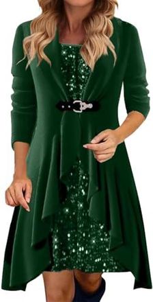 Generic Robe de No&euml;l &agrave; paillettes &agrave; manches longues et col en V pour femme, Vert, 3XL