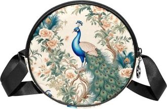 Generic Sac &agrave; bandouli&egrave;re rond pour femme, motif paon et fleurs, petit sac &agrave; bandouli&egrave;re avec fermeture &eacute;clair, bretelles r&eacute;glables, sac &agrave; main rond d&eacute;contrac
