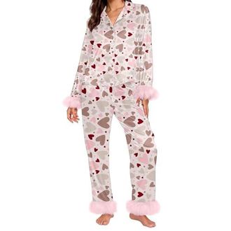 Generic Ensemble de pyjama en satin pour femme - V&ecirc;tement de nuit imprim&eacute; coeur - Haut et pantalon boutonn&eacute;s - Tenue 2 pi&egrave;ces - Pyjama en soie doux et confort