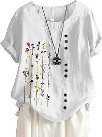 ORANDESIGNE Chemisier Femme Manches Courte Décontracté Chemise à Col Rond Élégant Chemise Lin Vintage Bouton Hauts de Plage Couleur Unie Eté D Blanc 3XL