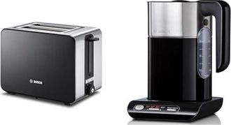 Bosch TAT7203 Kompakt-Toaster, Auftau/Aufknusperfunktion, 1050 W, Edelstahl/schwarz & belloser Wasserkocher, Abschaltautomatik, Überhitzungsschutz, Temperat