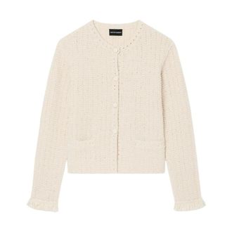 Emporio Armani Femme, Pulls, Blanc, Taille: 38 FR Veste &agrave; Carreaux Avec Franges