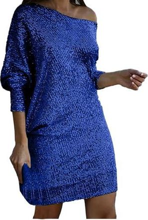 Generic Robe &agrave; paillettes pour femme - Sans manches - Style r&eacute;tro - Longueur genou - Robe de soir&eacute;e formelle pour invit&eacute;es de mariage, bleu, XXL