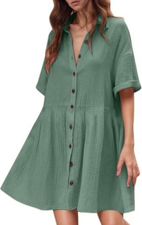 Generic Robe nuisette &agrave; manches courtes pour femme - Robe d&eacute;t&eacute; boutonn&eacute;e avec poches - Robe d&eacute;t&eacute; boh&egrave;me pour la plage, les vacances - Essentiels de vacances p