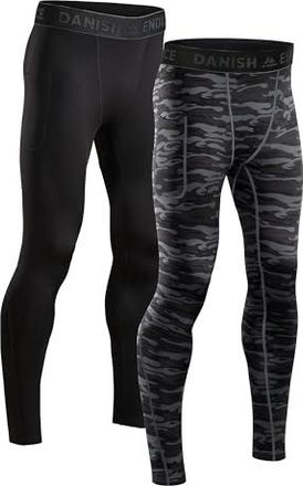Danish Endurance Leggings de Compression pour Hommes, Collants de Course, Lot de 2, Multicolore (1x Noir, 1x Gris Camouflage), XXL
