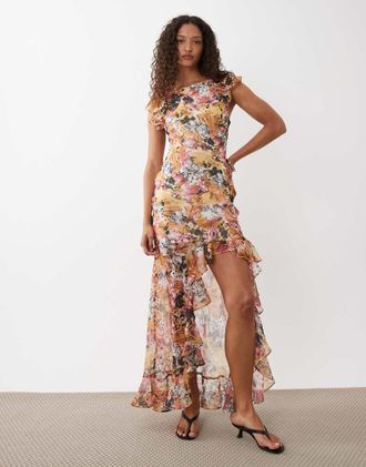 Asos Robe longue asym&eacute;trique avec manches volant&eacute;es et col b&eacute;nitier - Rose imprim&eacute; animal-multicolore
