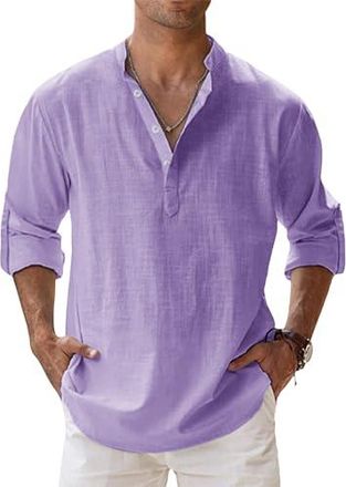 Generic Chemise en lin à manches longues pour homme, en coton et lin, coupe droite, pour la plage, lété, lilas, XXL