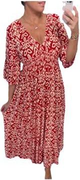 Generic Robe longue bohème décontractée à col en V et à manches 3/4 pour femme, robe longue décontractée pour femme, Rouge, XXXL