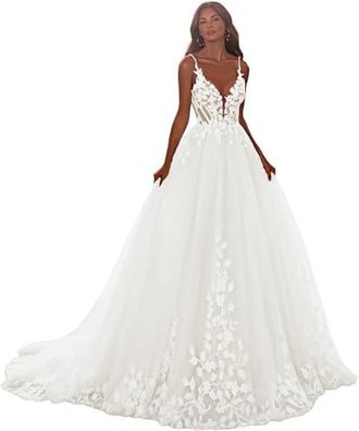 Generic Élégante robe de mariée en tulle nude, robe à bretelles spaghetti avec appliques en dentelle florale, ivoire, 34