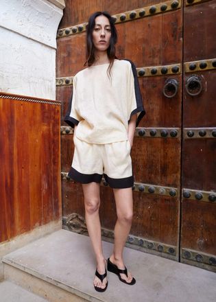 Mango Short en lin &agrave; rayures contrastantes &eacute;cru - Femme - S - MANGO