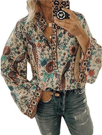 ORANDESIGNE Femme Chemise Floral Bohême Top Manches Longues T-Shirt Col Bouton Vacances Plage Casual Chemisier Blouse Grand Taille