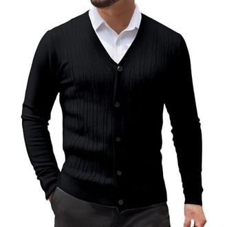 Generic Cardigan texturé à boutons de couleur unie pour homme - Manches longues - Col en V - Tricot thermique - Ample - Décontracté - Poignets élastiques - Fa