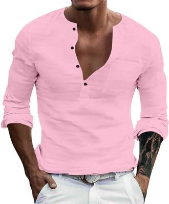 Generic T-shirt &agrave; manches longues pour homme - Style vintage - En coton - Grandes tailles - Col montant - Chemise de plage - Col rond - Chemise d&eacute;t&eacute; &eacute;l&eacute;gante 