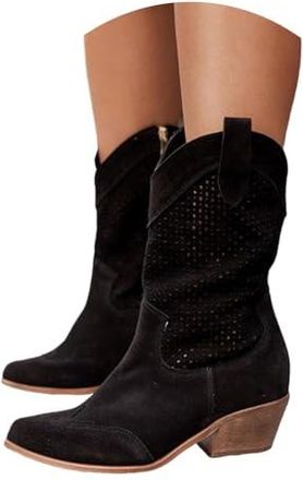 Minetom Bottes Femmes Suède Vintage Bottines Bloc Talon Bottines De Cowboy Confortables Automne Hiver Chaussures DExtérieur D Noir 37 EU