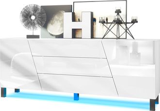 Vladon Sideboard Houston, Made in Germany, Kommode mit 2 Türen und 3 Schubladen, Korpus Weiß matt, Fronten Weiß Hochglanz, inkl. LED-Beleuchtung (178 x 69,5 