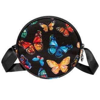 Generic Sac &agrave; bandouli&egrave;re rond pour femme, motif papillon, fleurs, petit sac &agrave; bandouli&egrave;re avec fermeture &eacute;clair, bretelles r&eacute;glables, sac &agrave; main rond d&eacute;contr