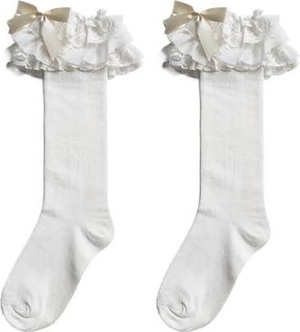 Generic Chaussettes hautes avec noeud et dentelle, style japonais doux pour femme, blanc, Taille Unique