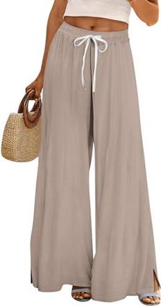Generic Pantalon Palazzo de couleur unie pour femme avec taille &eacute;lastique et cordon de serrage, pantalon d&eacute;t&eacute; l&eacute;ger avec fentes lat&eacute;rales, pantalon fluide d&eacute;c