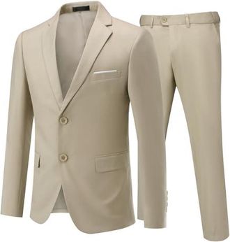 AlltheMen Costume Homme Formel Deux pièces daffaire de Couleur Uni Veste 2 Boutons à la Mode Slim Fit Deux Boutons Beige XXL