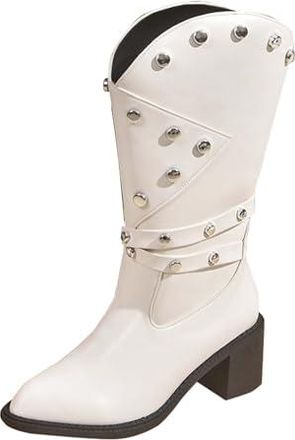 Generic Bottes de cowboy larges pour femme - Bout pointu - Boucle &eacute;l&eacute;gante - Talon &eacute;pais - Classique et confortable - &Agrave; enfiler - Bottes mi-mollet - Pour les 