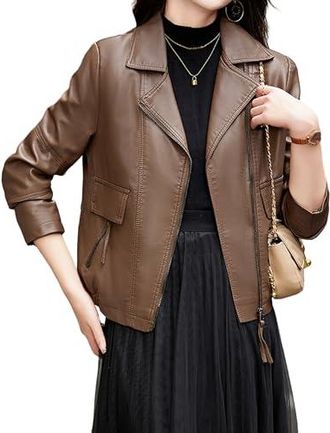 Generic Veste en cuir synth&eacute;tique pour femme - Joli manteau court zipp&eacute; pour un concert d&eacute;contract&eacute; - V&ecirc;tement dext&eacute;rieur vintage, marron, 3XL