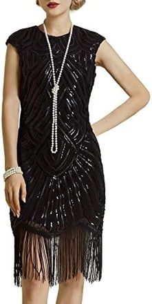 Babeyond Robe Flapper 1920 Femme Robe Frangée avec Paillette Robe Perlée Gatsby sans Manche pour Occasion de Fête Bal Soirée Art Déco Tango Latine - Noir 1 - T