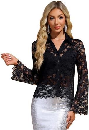 Allegra K Chemisiers en Dentelle Femme Haut Transparent Chemises Boutonnées à Manches Longues Blouse à Bordure Évasée Noir M