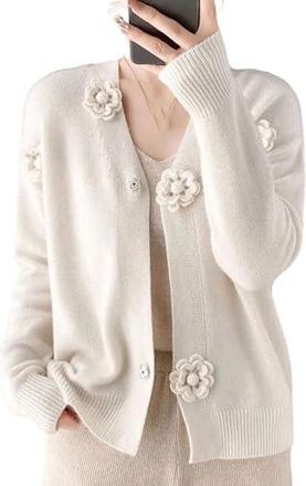 Generic Femmes Hiver Col V Tridimensionnel Crochet Fleur Tridimensionnel Cardigan Tridimensionnel Tricot&eacute; Cardigan Veste Tridimensionnelle Trico, Blanc, XXL